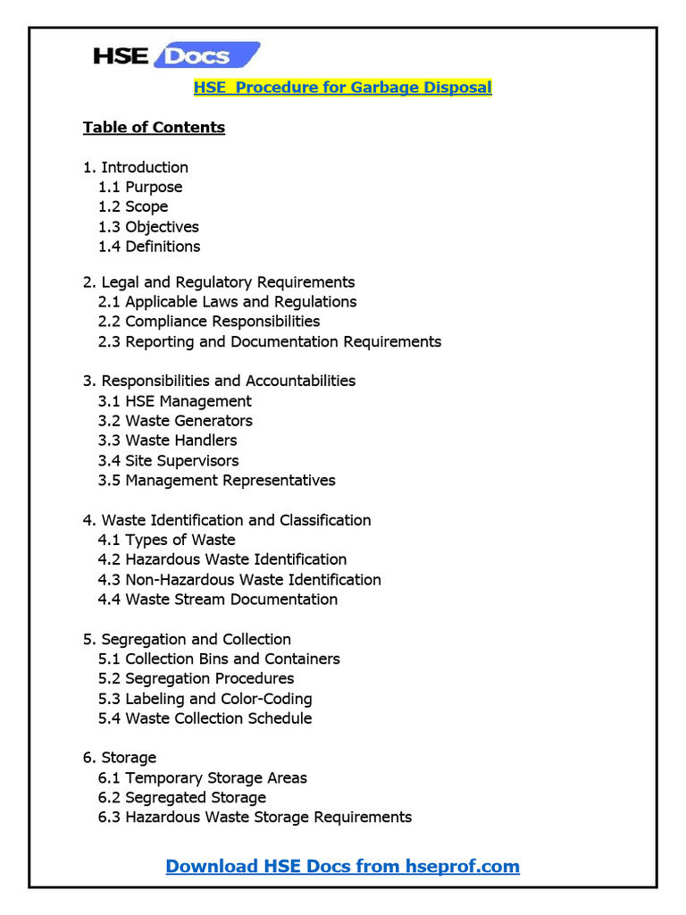 HSE Procedure For Garbage Disposal | PDF