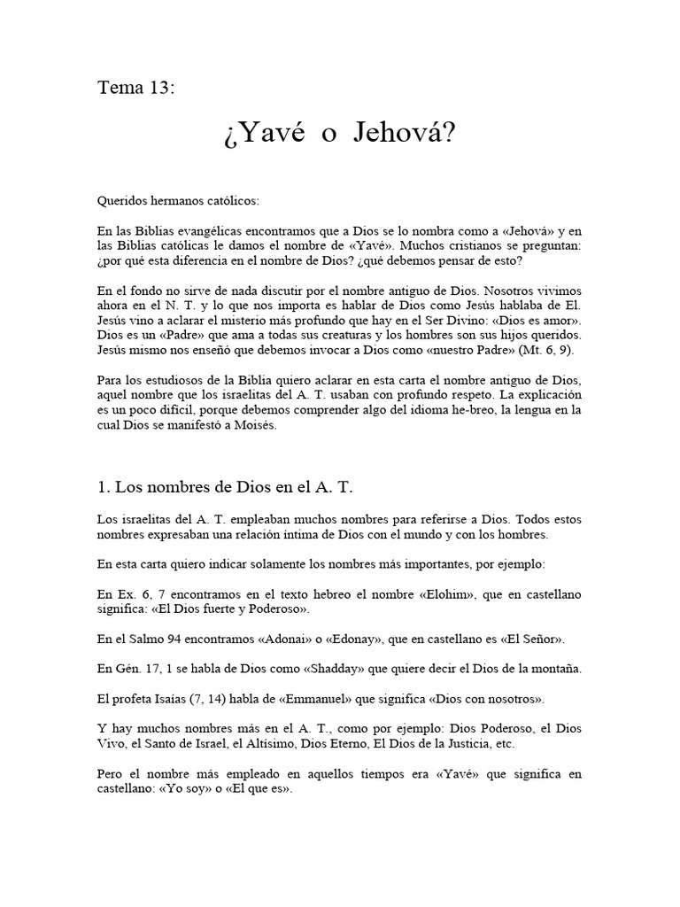 Tema 13 Dios Es Yavé o Jehová | PDF