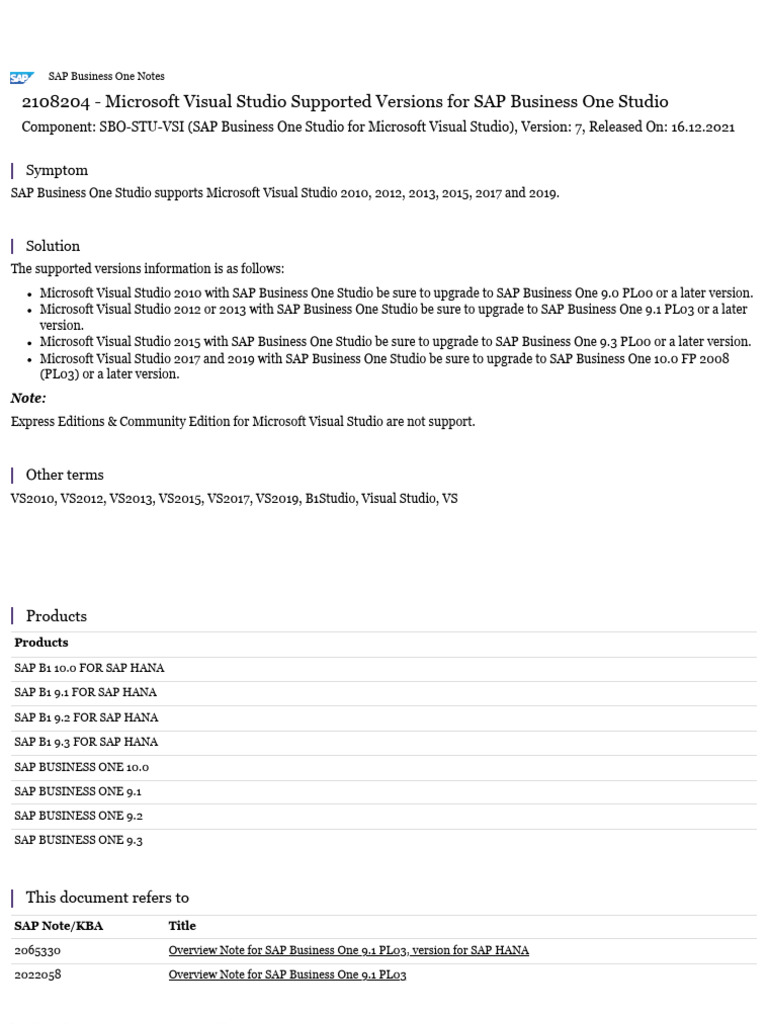 Microsoft Visual Studio Supported Versions For SAP Business One Studio ...
