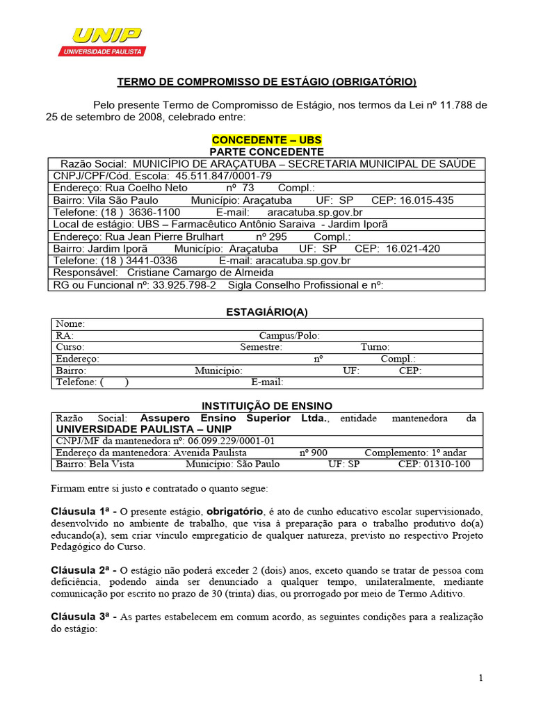 Obrigatorio - Termo - de - Compromisso - de - Estagio EDITAVEL | PDF