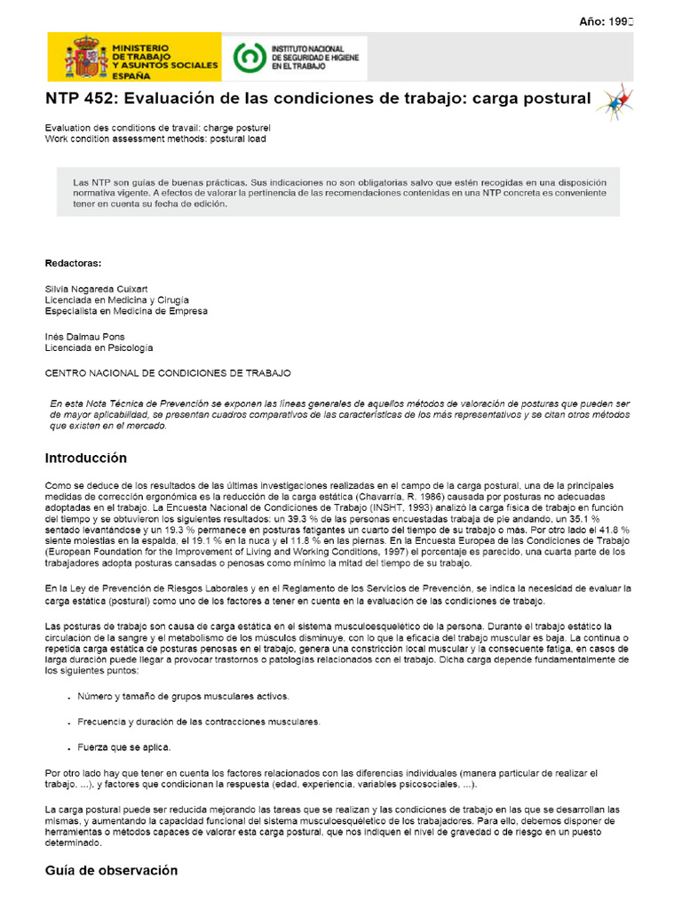NTP 452 - Evaluación de Las Condiciones de Trabajo | PDF
