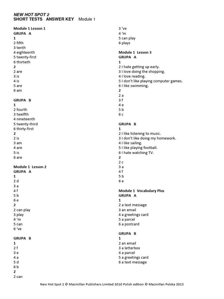 New Hot Spot Klasa5 Short Tests Module 1 Answer Key | PDF