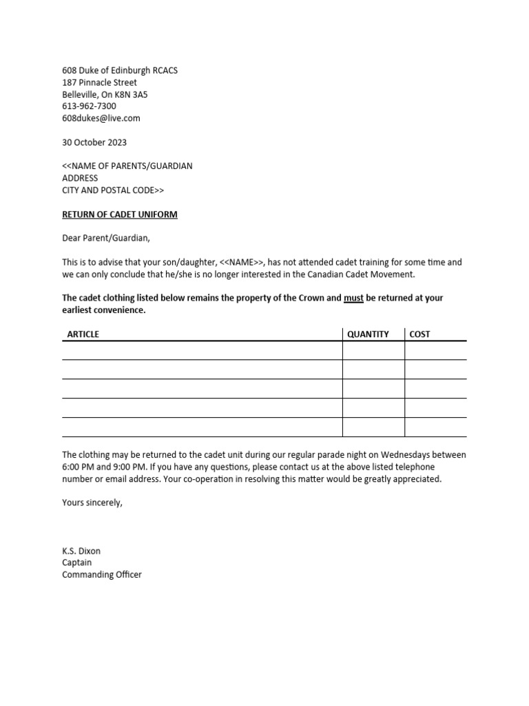 Cadet Uniform Return Notice | PDF | Sports & Recreation