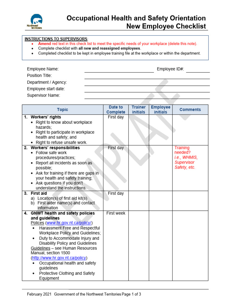 Employee OHS Orientation Checklist - 2021 | PDF