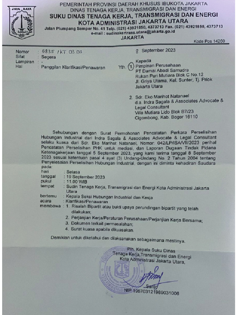 Surat Disnaker Jakarta Utara | PDF