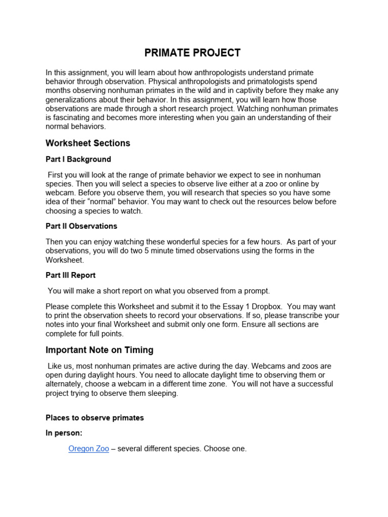 Primate Project Worksheet W 23 Download Free Pdf Zoology