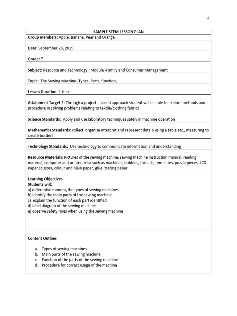 Sample Stem Lesson Plan | PDF | Sewing | Sewing Machine