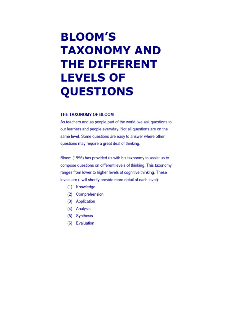 Blooms Taxonomy of Questions | PDF | Art | Computers
