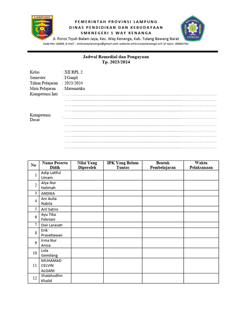 Jadwal Remedi Pengayaan Xii RPL 2 | PDF