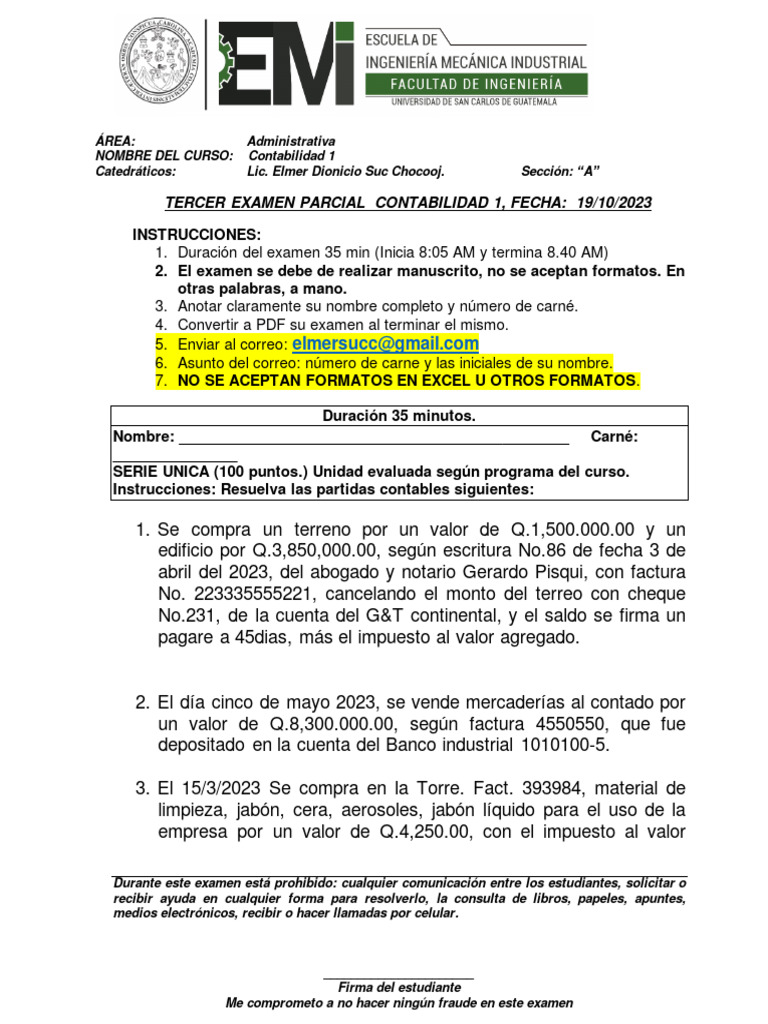 Tercer Examen Parcial - Contabilidad 1 | PDF | Bancos | Contabilidad