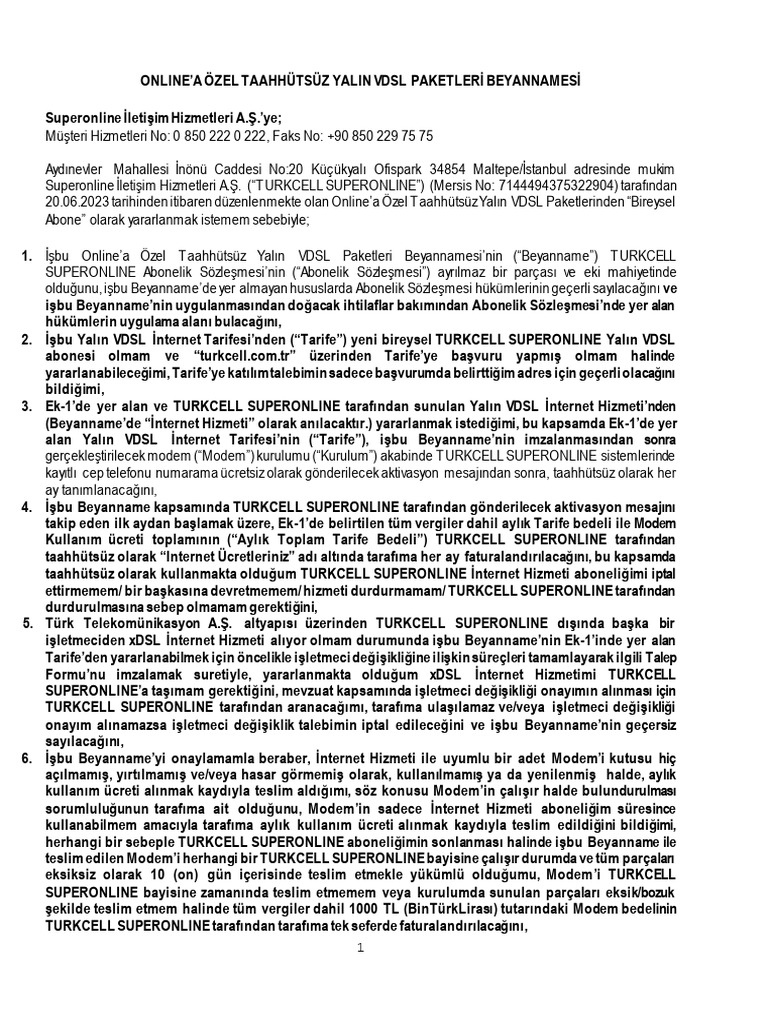 2023928131318onlinea Ozel Taahhutsuz Yalin VDSL Paketlerip1 | PDF