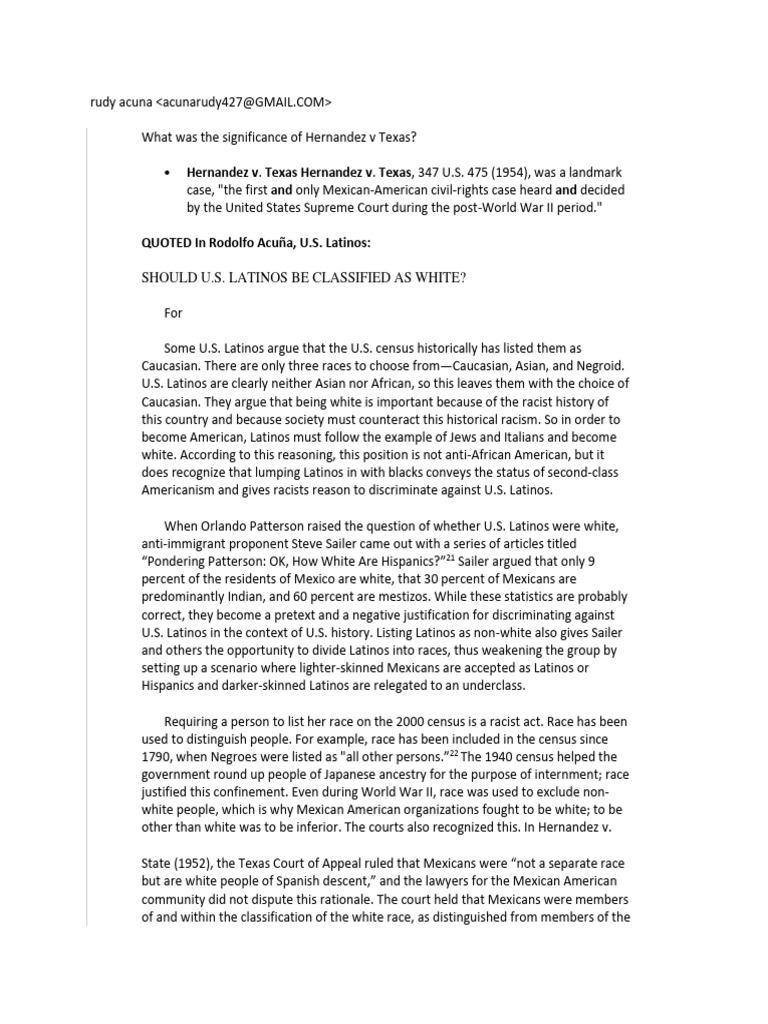 Rudy Acuna - LRL What Was The Significance of Hernandez V Texas | PDF ...