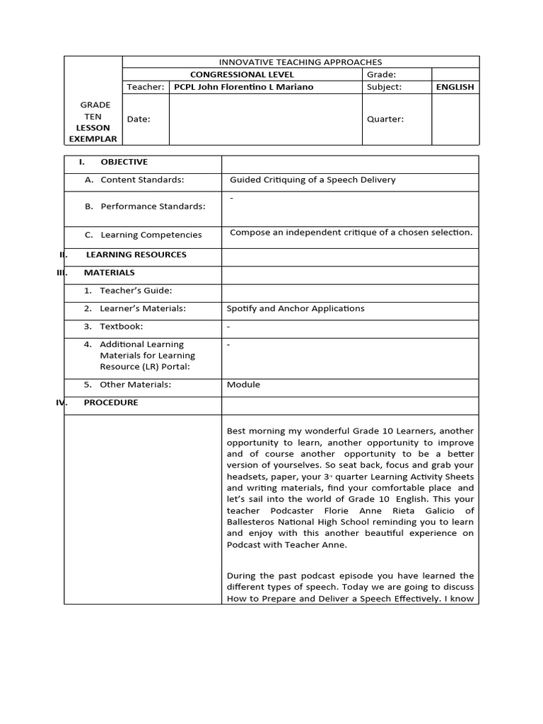 Grade Ten Lesson Plan | PDF