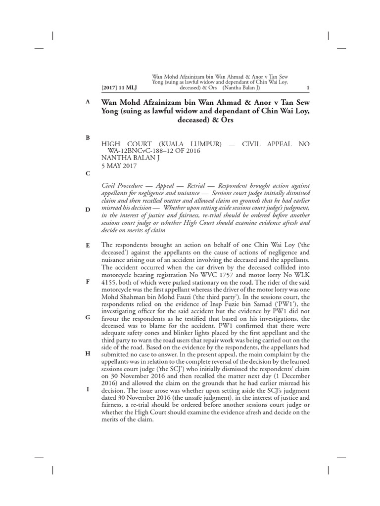 Wan Mohd Afzainizam Bin Wan Ahmad & Anor V Tan Sew Yong (Suing As ...