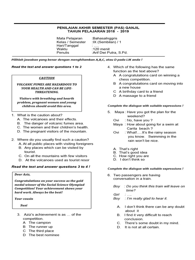 Soal PAS Ganjil Bahasa Inggris 9 (AR) FINAL | PDF