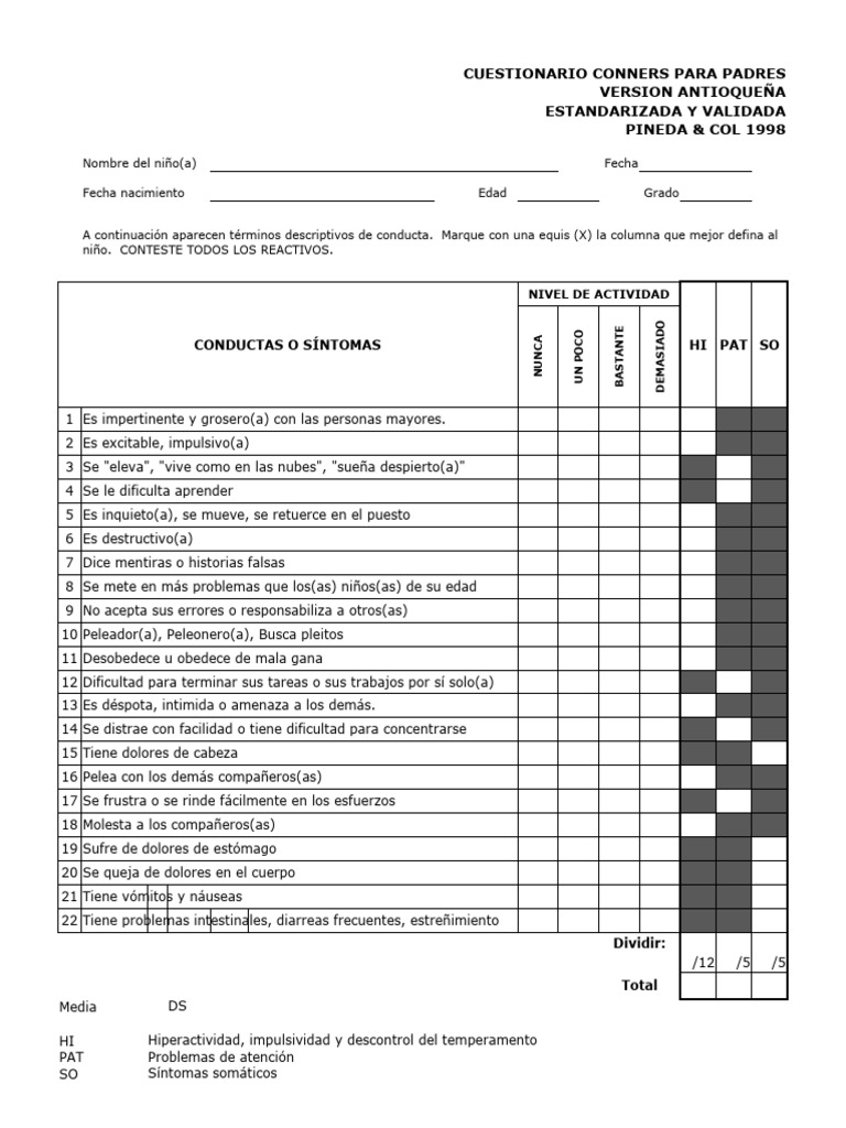 BASC - CONNERS - CHECKLIST - EvaluaciÃ N TDAH | PDF | Desorden ...