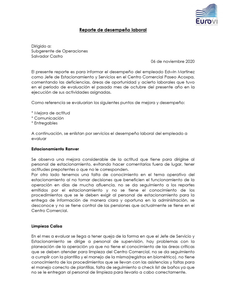 Reporte de Desempeño Laboral | PDF