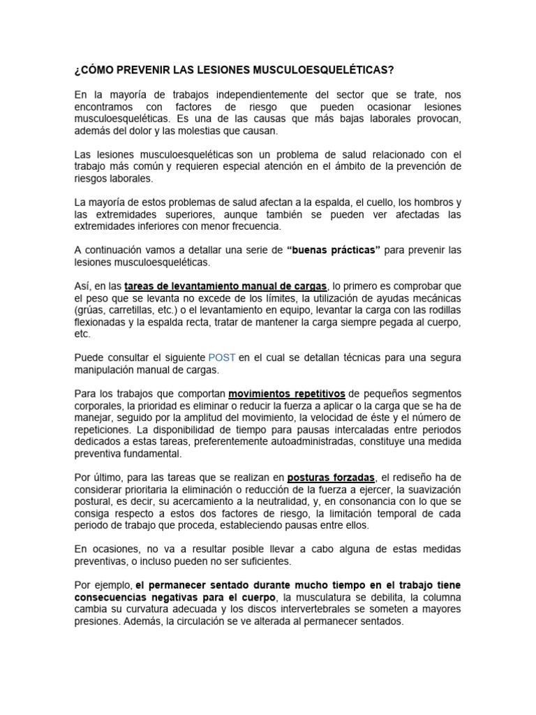 Cómo Prevenir Las Lesiones Musculoesqueléticas | PDF | Músculo esquelético | Estrés (biología)