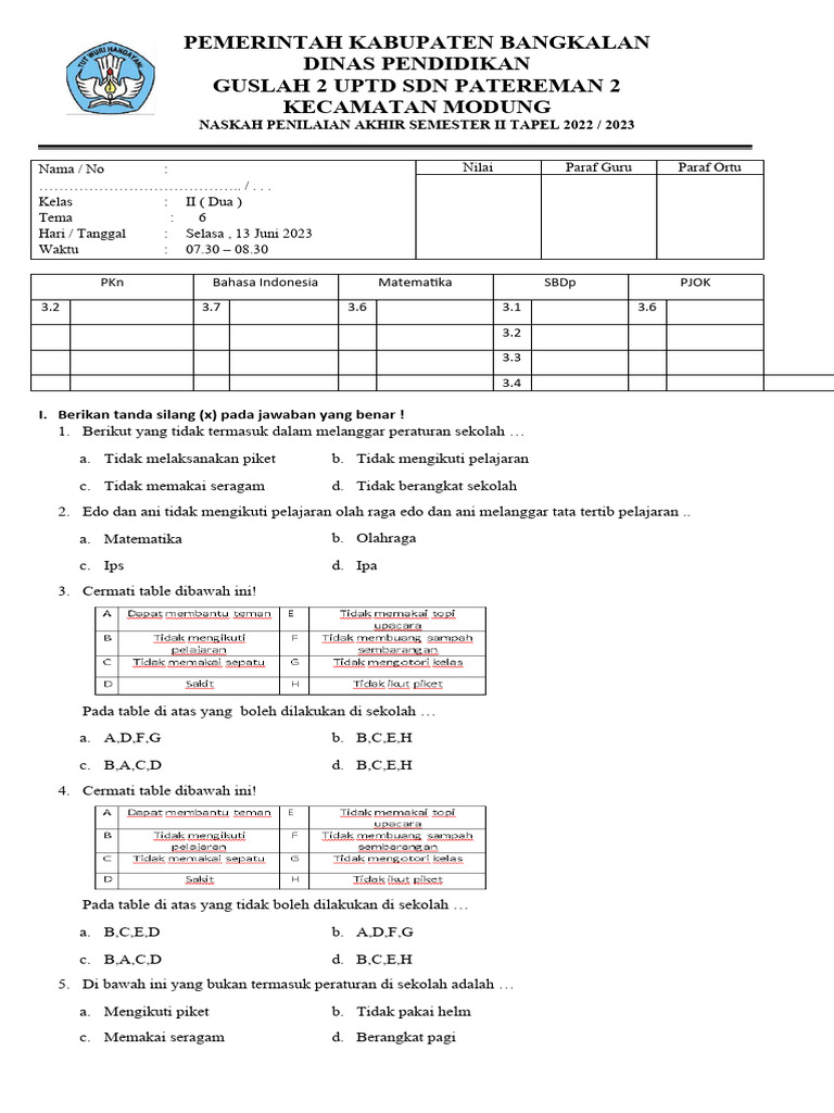 Soal PAS TEMA 6 KELAS 2 | PDF