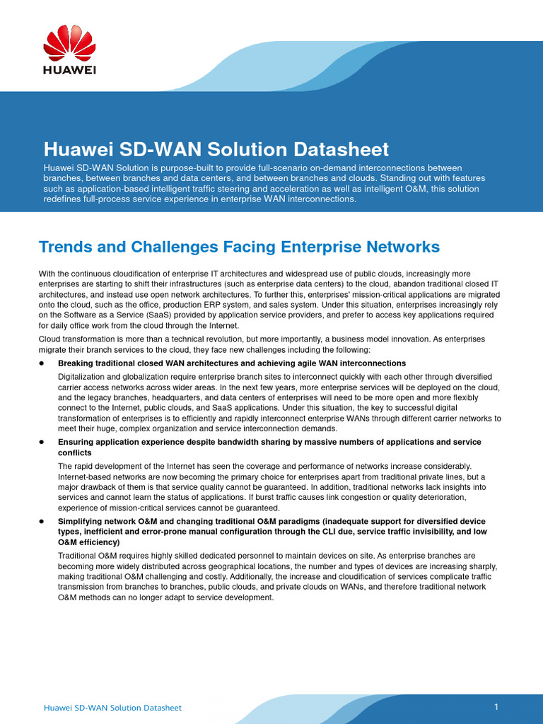 Huawei SD-WAN Solution Datasheet | PDF | Computer Network | Cloud Computing