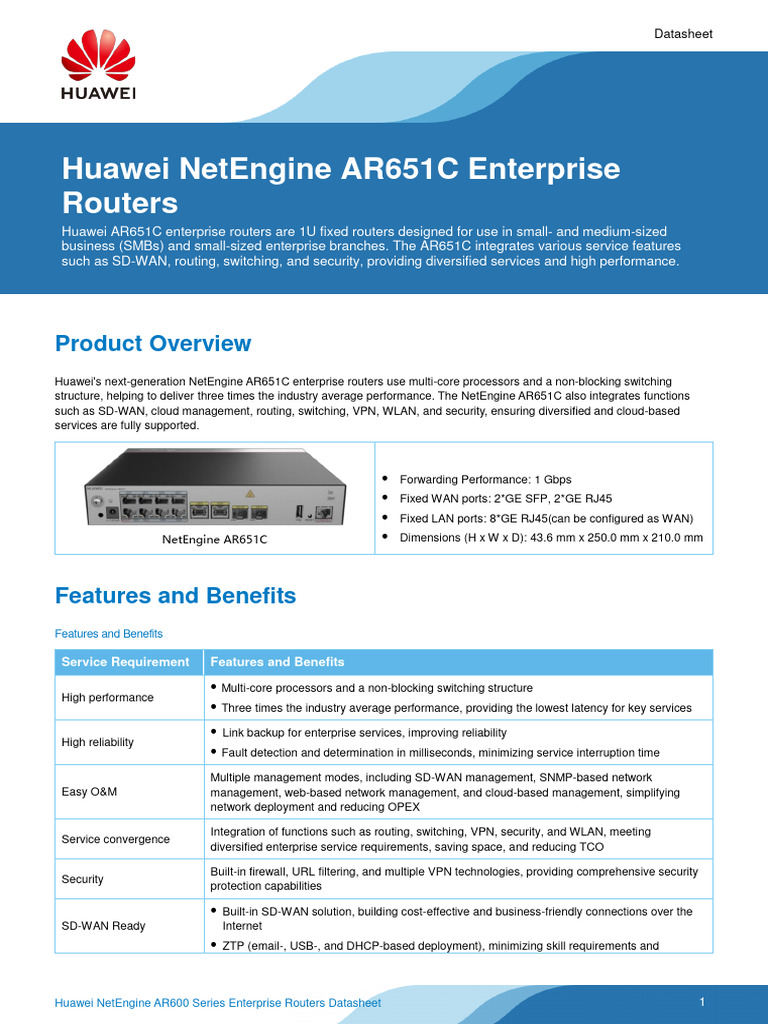 Huawei NetEngine AR651C Enterprise Router Datasheet | PDF | Router (Computing) | Computer Network