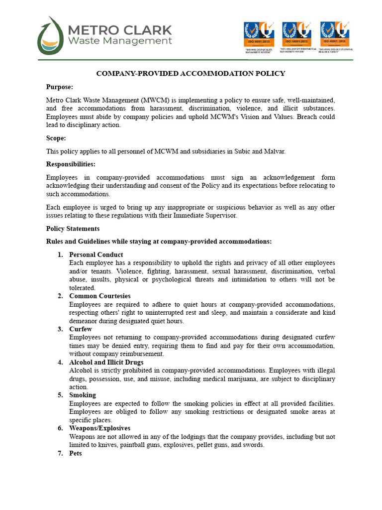 Company-Provided Accommodation Policy | PDF