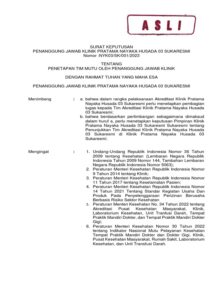 PMKP 1 Ep 1 SK Penetapan Tim Mutu | PDF