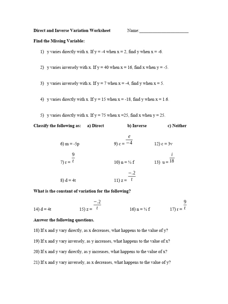 Direct and Inverse Variation Worksheet | PDF