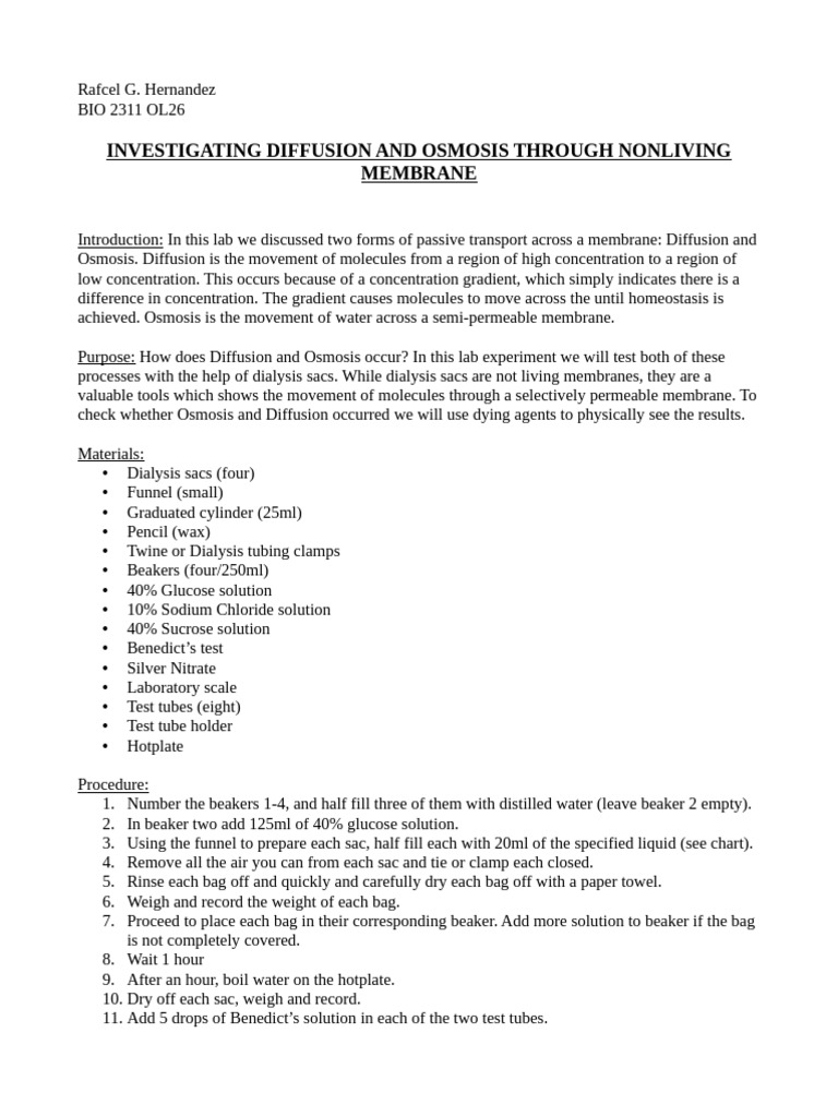 Diffusion and Osmosis Lab Experiment | PDF | Osmosis | Chemistry