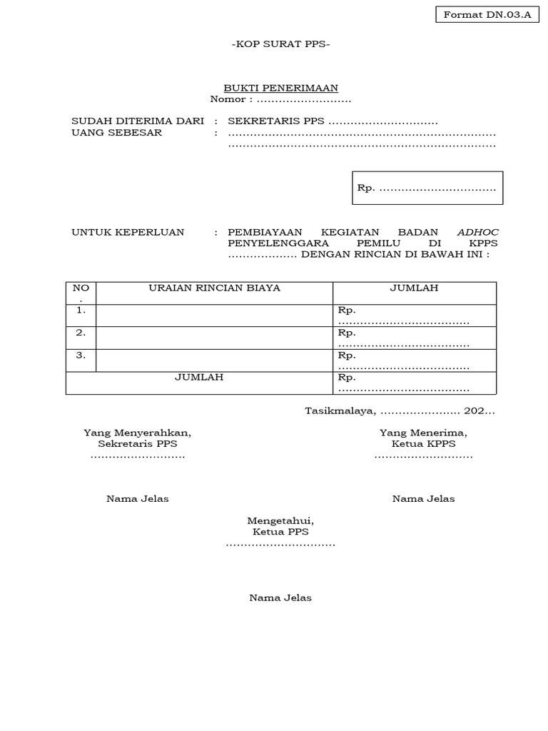 FORMAT DN.03.A Bukti Penerimaan KPPS | PDF