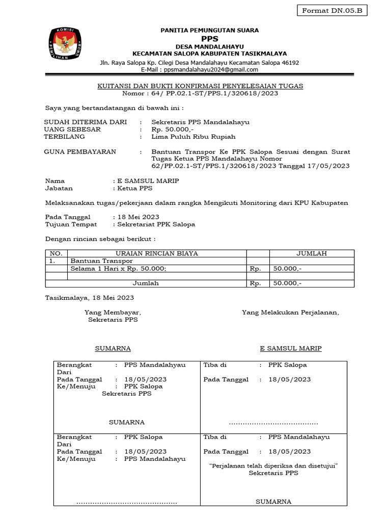 FORMAT DN.05.B Kuitansi Dan Bukti Konfirmasi Penyelesaian Tugas | PDF