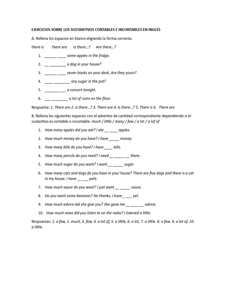 EJERCICIOS SOBRE LOS SUSTANTIVOS CONTABLES E INCONTABLES EN INGLÉS | PDF