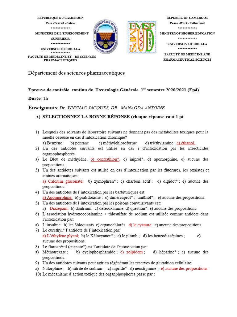 Corrigé CC Toxicologie Generale EP 4 | PDF