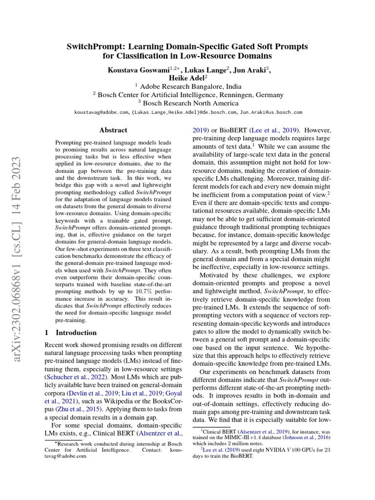 Switchprompt: Learning Domain-Specific Gated Soft Prompts For Classification in Low-Resource ...