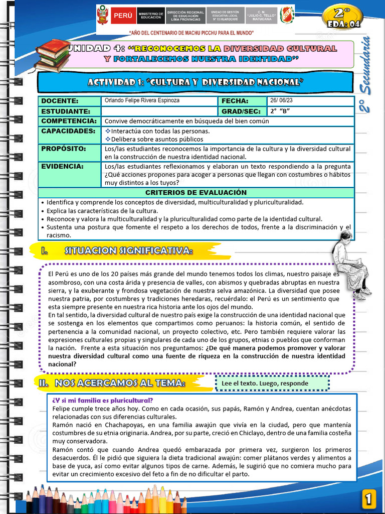 2° DPCC - ACTV.01-UNID.4 2023 Juanito | PDF | Multiculturalismo | Familia