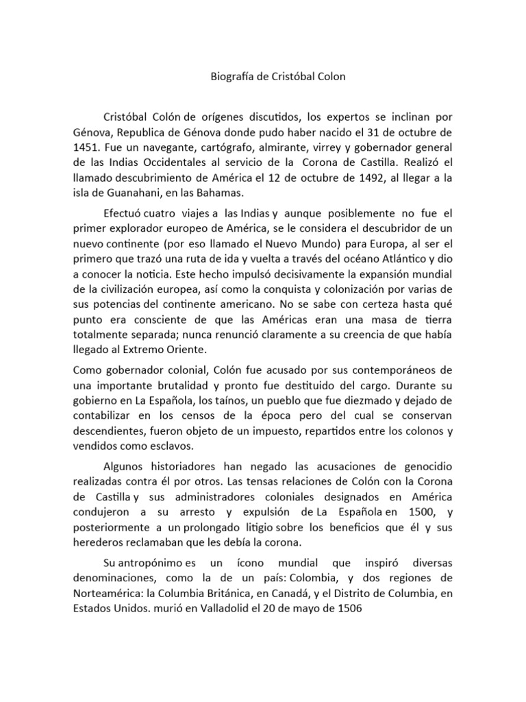 Biografía de Cristóbal Colon | PDF | Historia | Clásicos