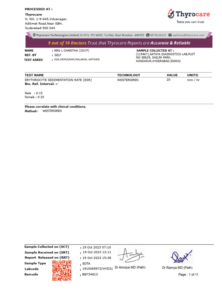 Thyrocare Malaria Test Report Summary | PDF | White Blood Cell | Malaria