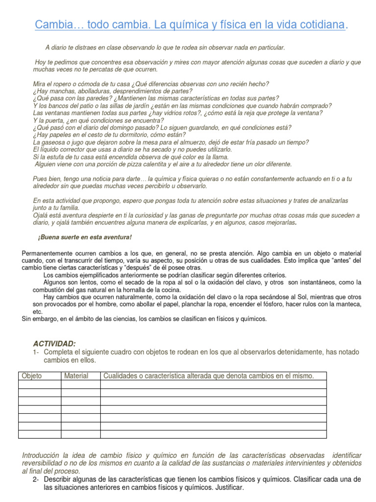 Cambios Físicos y Cambios Químicos | PDF | Sustancias químicas | Importar