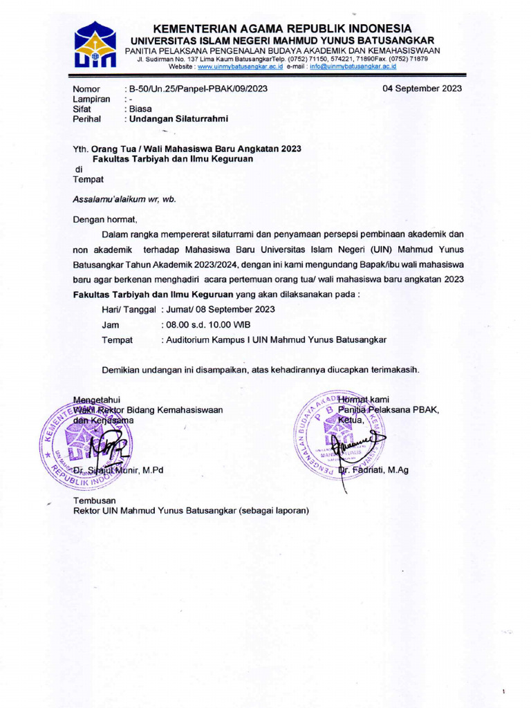Undangan Wali Mahasiswa Baru 2023 (Fakultas Tarbiyah Dan Ilmu Keguruan) | PDF