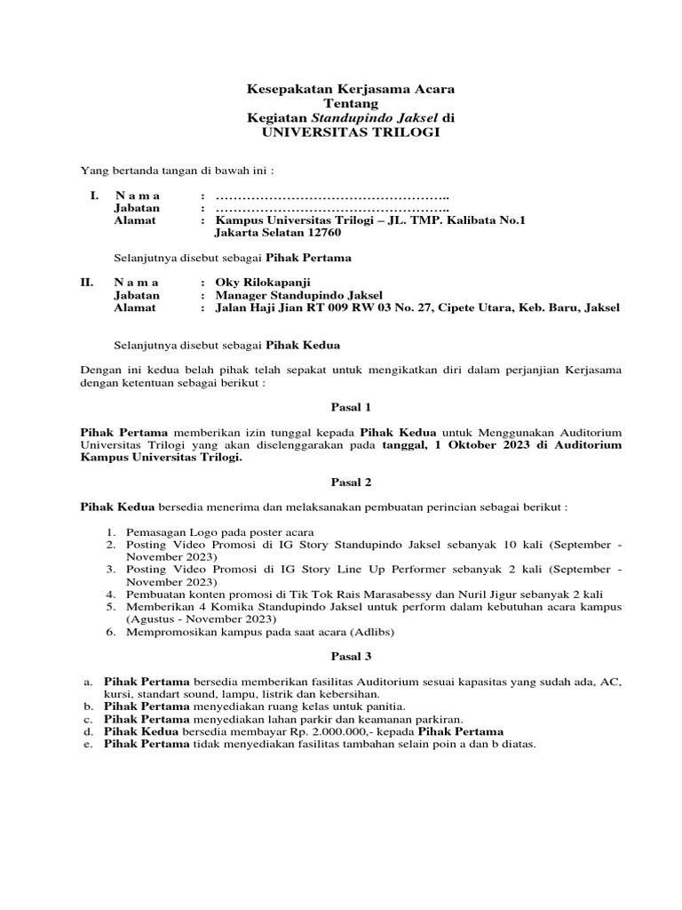 Kesepakatan Kerjasama Standupindo di Trilogi | PDF