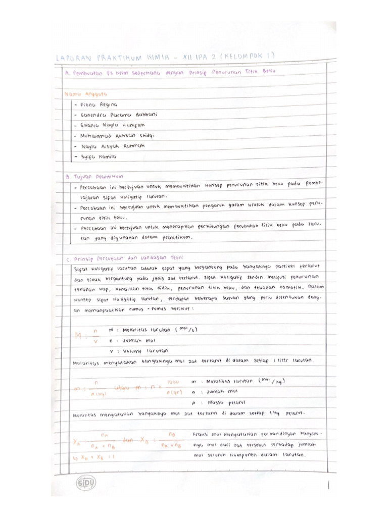 Laporan Praktikum Penurunan Titik Beku - XII IPA 2 (Kelompok 1) | PDF