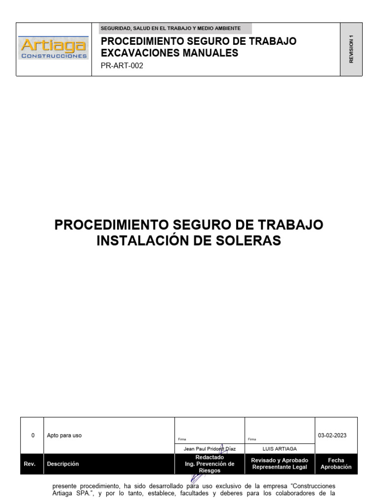 PROCEDIMIENTO SEGURO DE TRABAJO SOLERAS Artiaga SPA | PDF