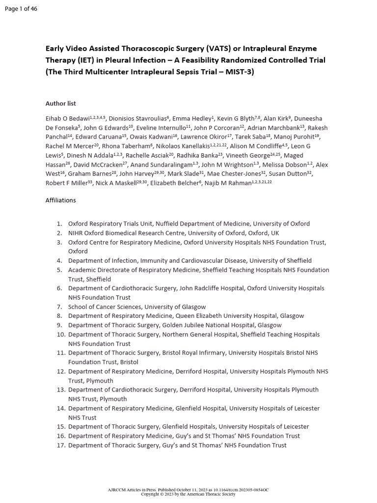 Bedawi Et Al 2023 Early Video Assisted Thoracoscopic Surgery (Vats) or ...