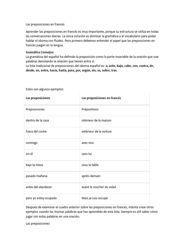 Preposiciones Francesas: Guía Básica | PDF | Preposición y Postposición | Idioma francés