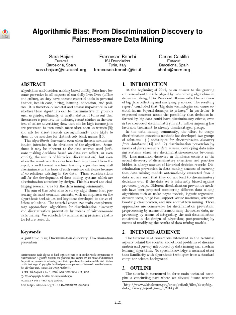 Algorithmic Bias: From Discrimination Discovery To Fairness-Aware Data Mining | PDF | Data ...