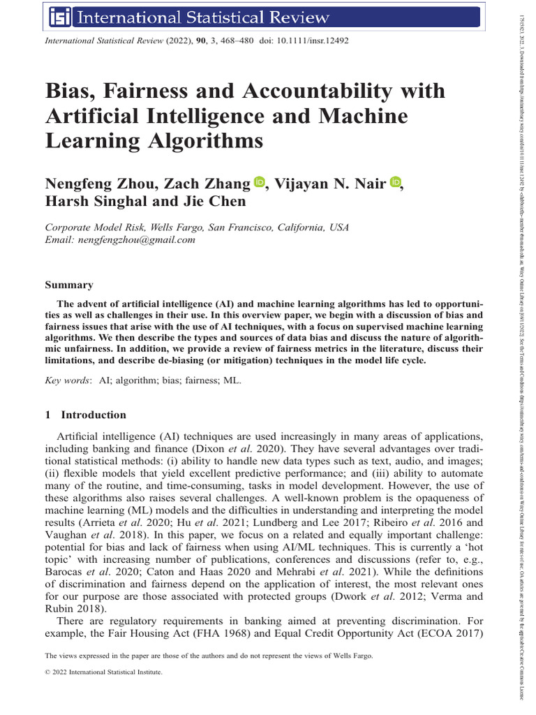 Int Statistical Rev - 2022 - Zhou - Bias Fairness and Accountability With Artificial ...