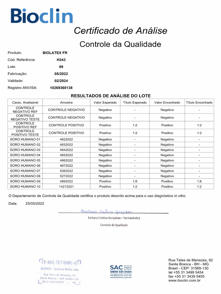 Certificado Biolatex FR Lote 0089 | PDF