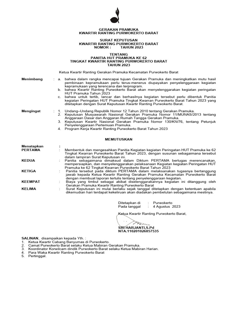 SK Panitia HUT Pramuka 2023 Purwokerto | PDF