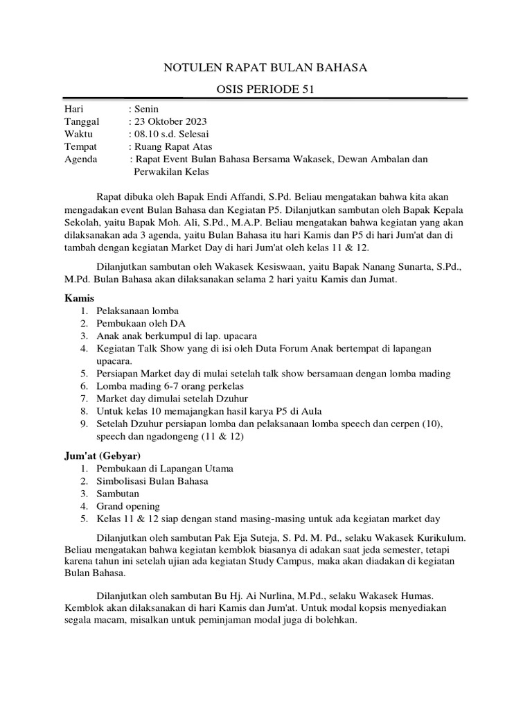 Notulen Rapat Event Bulan Bahasa OSIS | PDF | Kajian Bahasa Asing