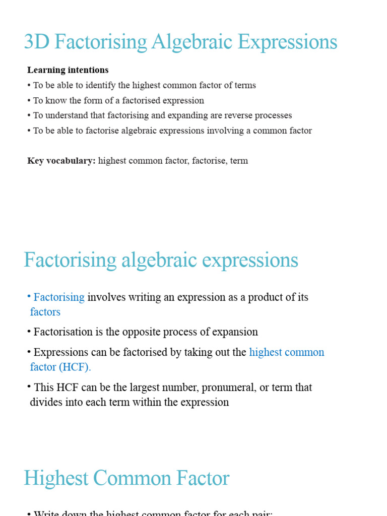 3d Factorising Algebraic Expressions Pdf Factorization Algebra